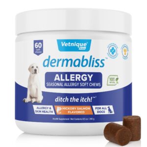 vetnique dermabliss seasonal dog allergy relief & immune support supplement allergy chews for dogs itching and licking with omega 3 fish oil & probiotics for itch relief - vet recommended (60ct chews)