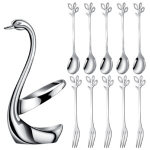 ansaw silver swan base holder set with 10 pcs 4.7" mini leaf teaspoons & dessert forks - perfect for appetizers,salads,cakes,fruits,cocktails,tea,espresso - beautify your charcuterie board layout