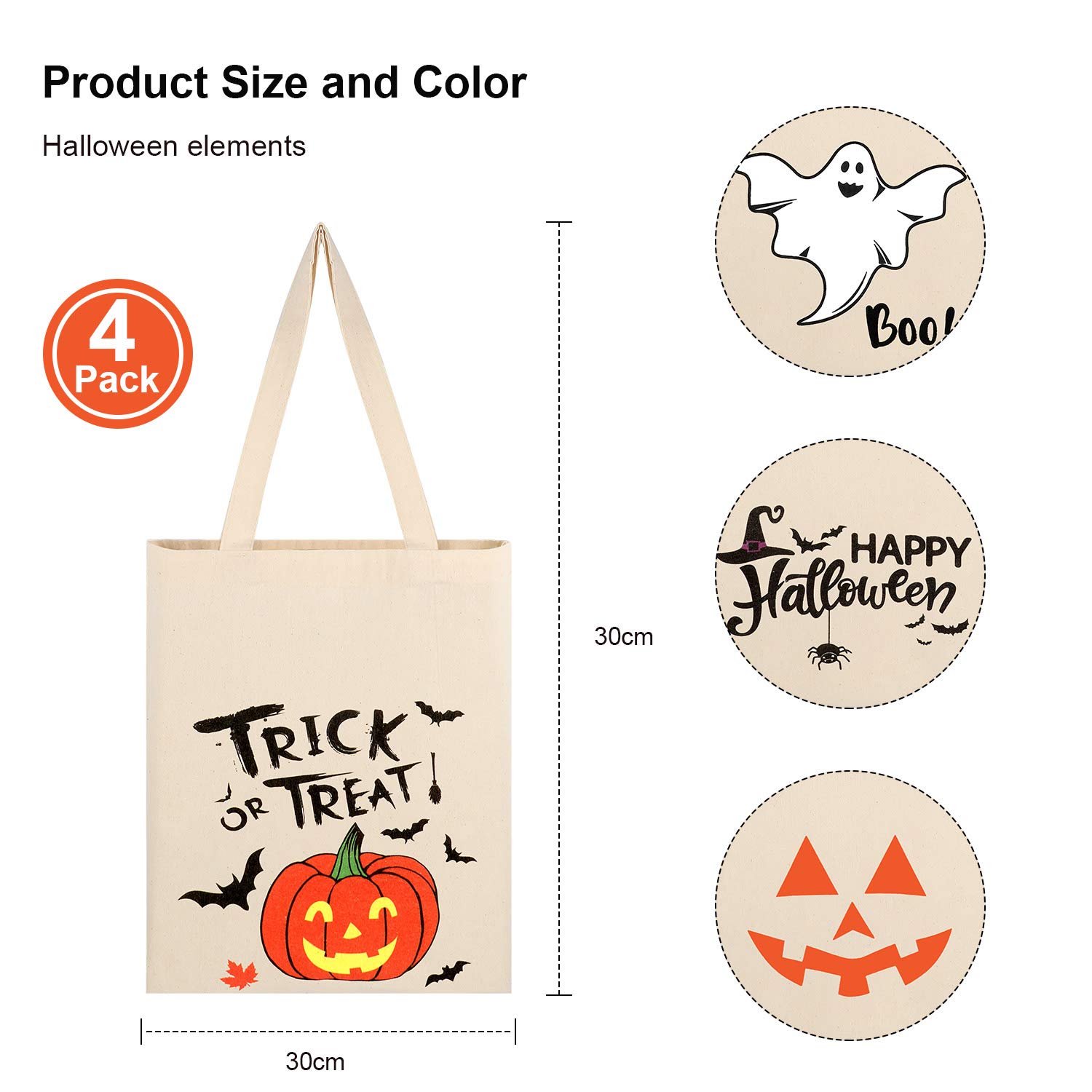 Frienda 4 Pieces Halloween Trick or Treat Bags 10.63'' Reusable Canvas Bags Cartoon Halloween Tote Bag with Pumpkin and Ghost Design for Halloween Party Supplies, Grocery Shopping