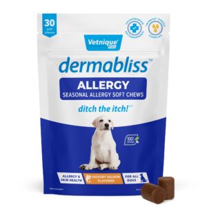 vetnique dermabliss dog allergy relief & immune support supplement allergy chews for dogs itching and licking with omega 3 fish oil & probiotics for itch relief - vet recommended (30ct chews)