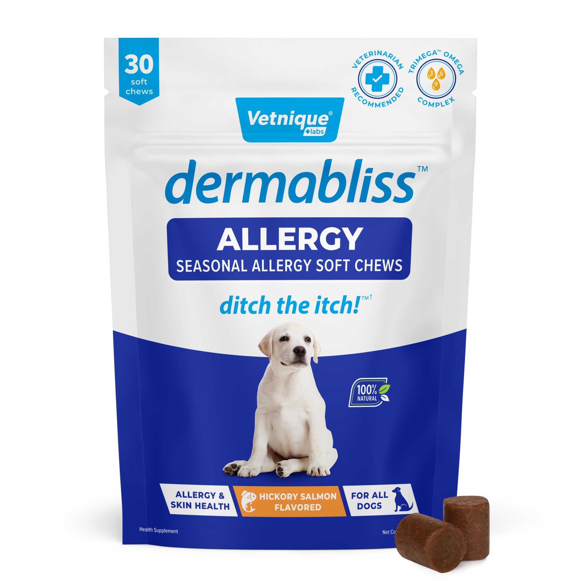 Vetnique Dermabliss Dog Allergy Relief & Immune Support Supplement Allergy Chews for Dogs Itching and Licking with Omega 3 Fish Oil & Probiotics for Itch Relief - Vet Recommended (30ct Chews)