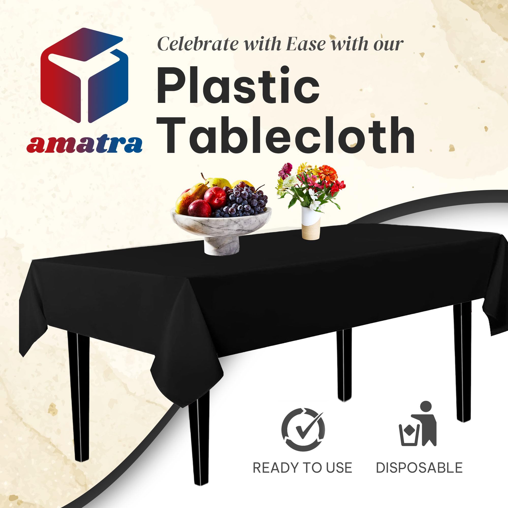 Amatra All-Purpose Plastic Table Cover Roll with Self-Cutter, Alternative to Regular Tablecloth, Disposable Table Cover, Plastic Table Cloth, 54 inches x 120 feet (40 Yards), Black