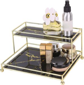 z plinrise makeup organizer, 2-tier glass vanity tray for perfume, makeup and toiletries, wire bathroom cosmetic shelf for dresser, countertop and more