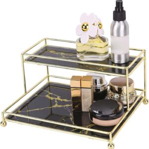 Z PLINRISE Makeup Organizer, 2-Tier Glass Vanity Tray for Perfume, Makeup and Toiletries, Wire Bathroom Cosmetic Shelf for Dresser, Countertop and More