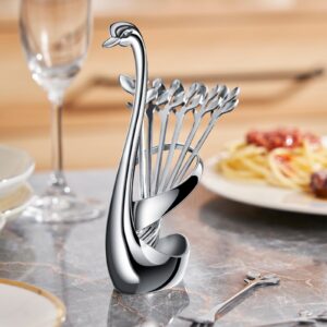 AnSaw Silver Swan Base Holder Set with 10 Pcs 4.7" Mini Leaf Teaspoons & Dessert Forks - Perfect for Appetizers,Salads,Cakes,Fruits,Cocktails,Tea,Espresso - Beautify Your Charcuterie Board Layout