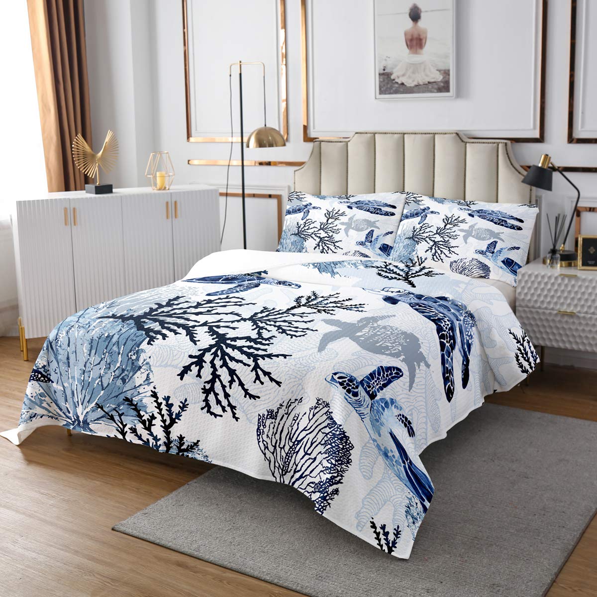 Erosebridal Turtle Bedding Set Twin White Blue Sea Hawaiian Turtle Coverlet Set for Kids,Tortoise Bedspreads Ocean Beach Theme Quilt Underwater Turtle Print Children Bed Set for Summer Winter