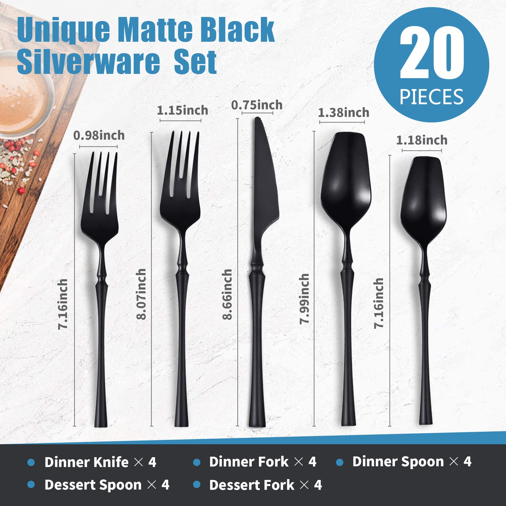 Lemeya 20-Piece Matte Black Silverware Set for 4,Modern 18/10 Stainless Steel Flatware Set,Unique Rustic Cutlery Utensils Set,Spoon and Fork Set for Home, Restaurant,Mirror Polished,Dishwasher Safe