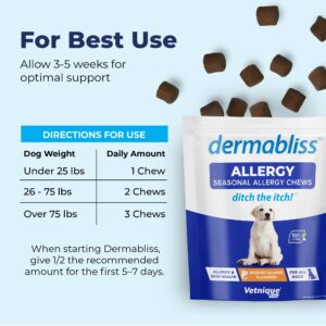 Vetnique Dermabliss Dog Allergy Relief & Immune Support Supplement Allergy Chews for Dogs Itching and Licking with Omega 3 Fish Oil & Probiotics for Itch Relief - Vet Recommended (120ct Chews)