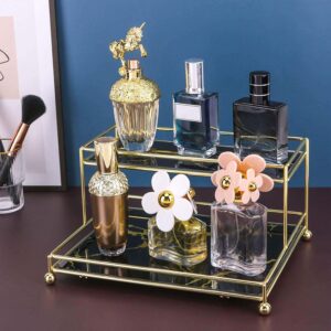 Z PLINRISE Makeup Organizer, 2-Tier Glass Vanity Tray for Perfume, Makeup and Toiletries, Wire Bathroom Cosmetic Shelf for Dresser, Countertop and More