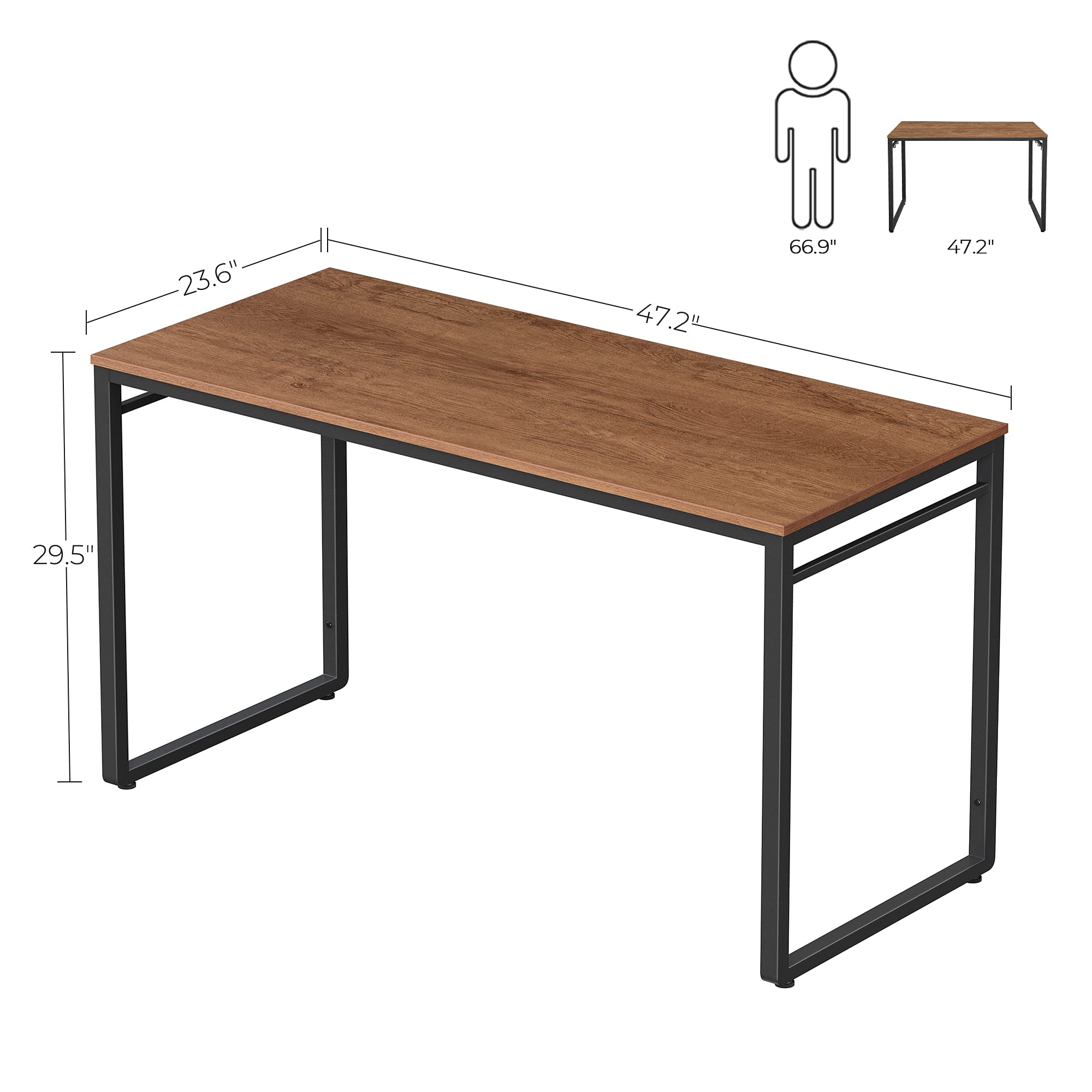 VASAGLE Computer Desk, Office Desk with 8 Hooks, for Study, Home Office, Easy Assembly, Industrial Design, 47.2 x 23.6 x 29.5 Inches, Walnut Brown and Black ULWD058B08