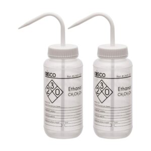 eisco 2pk wash bottles for ethanol, 500ml - labeled with chemical information & safety information (1 color) - wide mouth, self venting, low density polyethylene - performance plastics labs