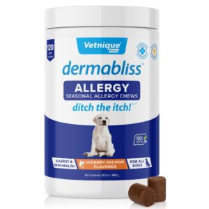 vetnique dermabliss dog allergy relief & immune support supplement allergy chews for dogs itching and licking with omega 3 fish oil & probiotics for itch relief - vet recommended (120ct chews)