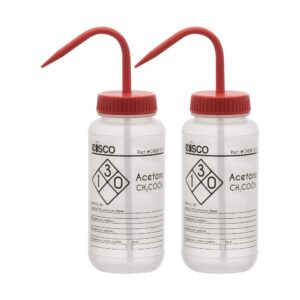 eisco 2pk wash bottles for acetone, 500ml - labeled with chemical information & safety information (1 color) - wide mouth, self venting, low density polyethylene - performance plastics labs