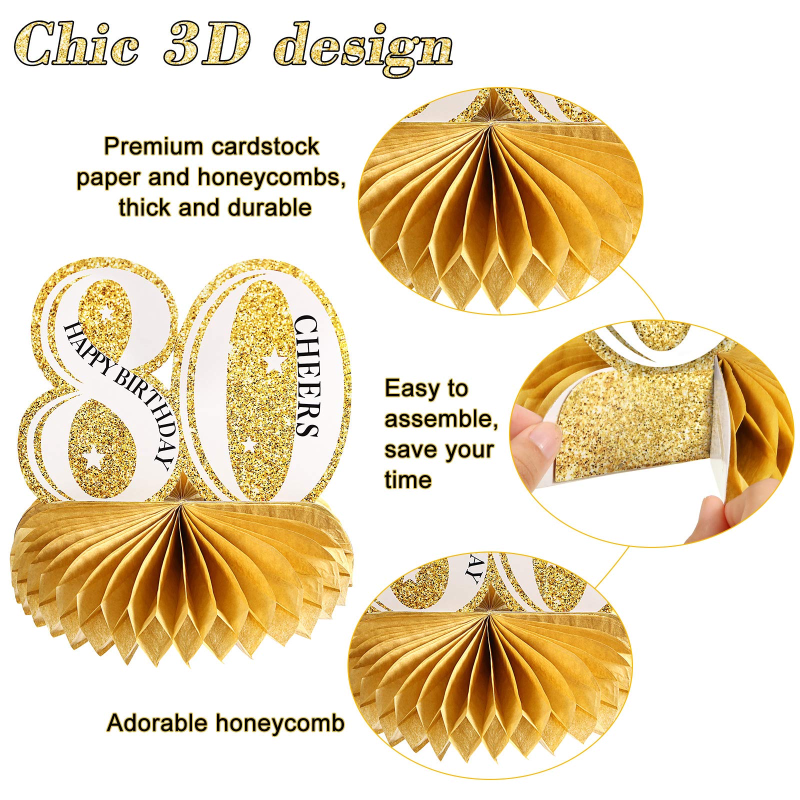 8 Pieces 80th Birthday Table Decorations for Men and Women, Happy 80th Honeycomb Centerpieces Black Golden 1943 Aged Birthday Party Decorations Tables Toppers for 80 Years Party Supplies