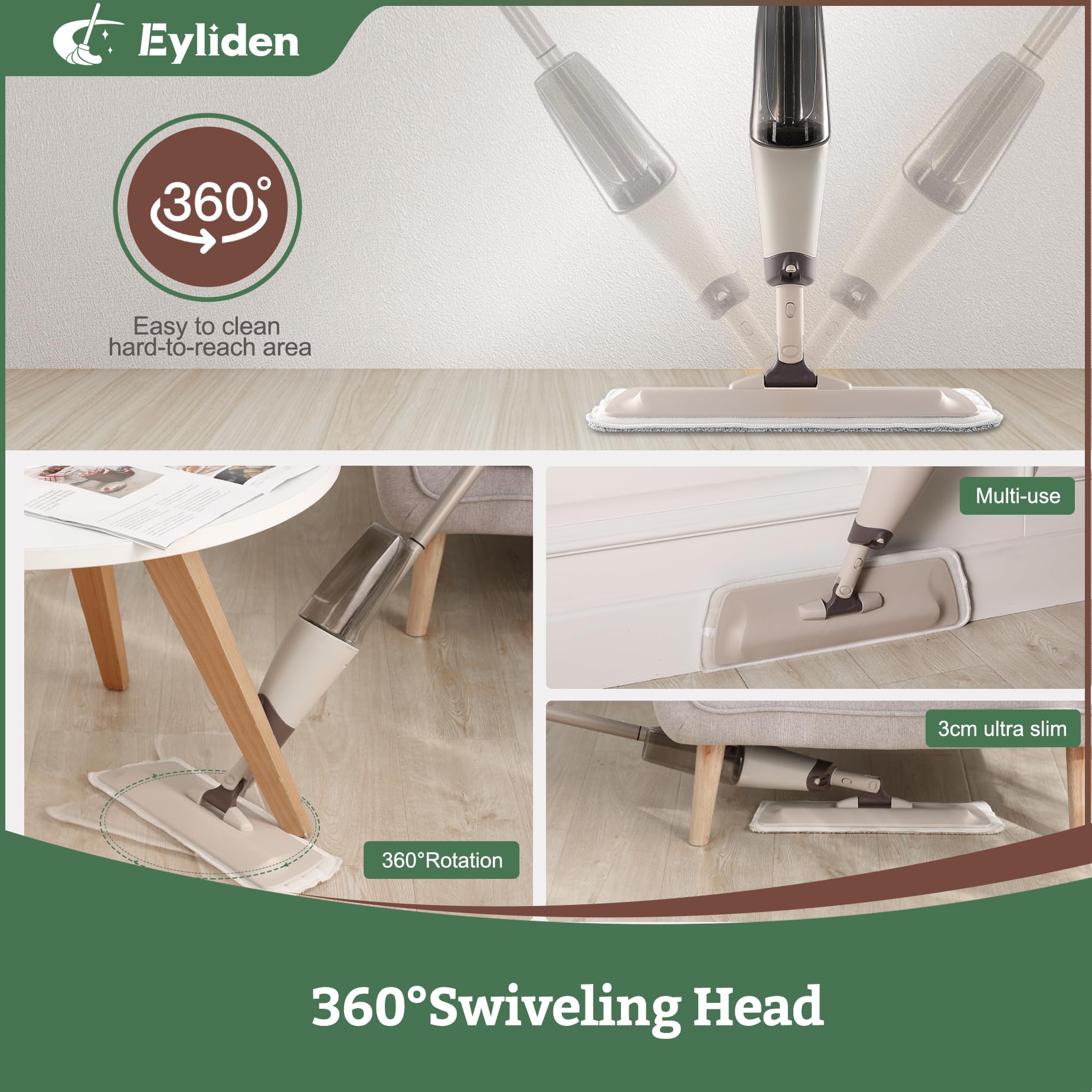 Eyliden Wet and Dry Spray Mop - 360° Rotating Head, 22 oz Refillable Bottle, 2 Washable Microfiber Pads, Ergonomic Handle - Floor Mop with Spray for Hardwood, Tile, and Laminate Floors