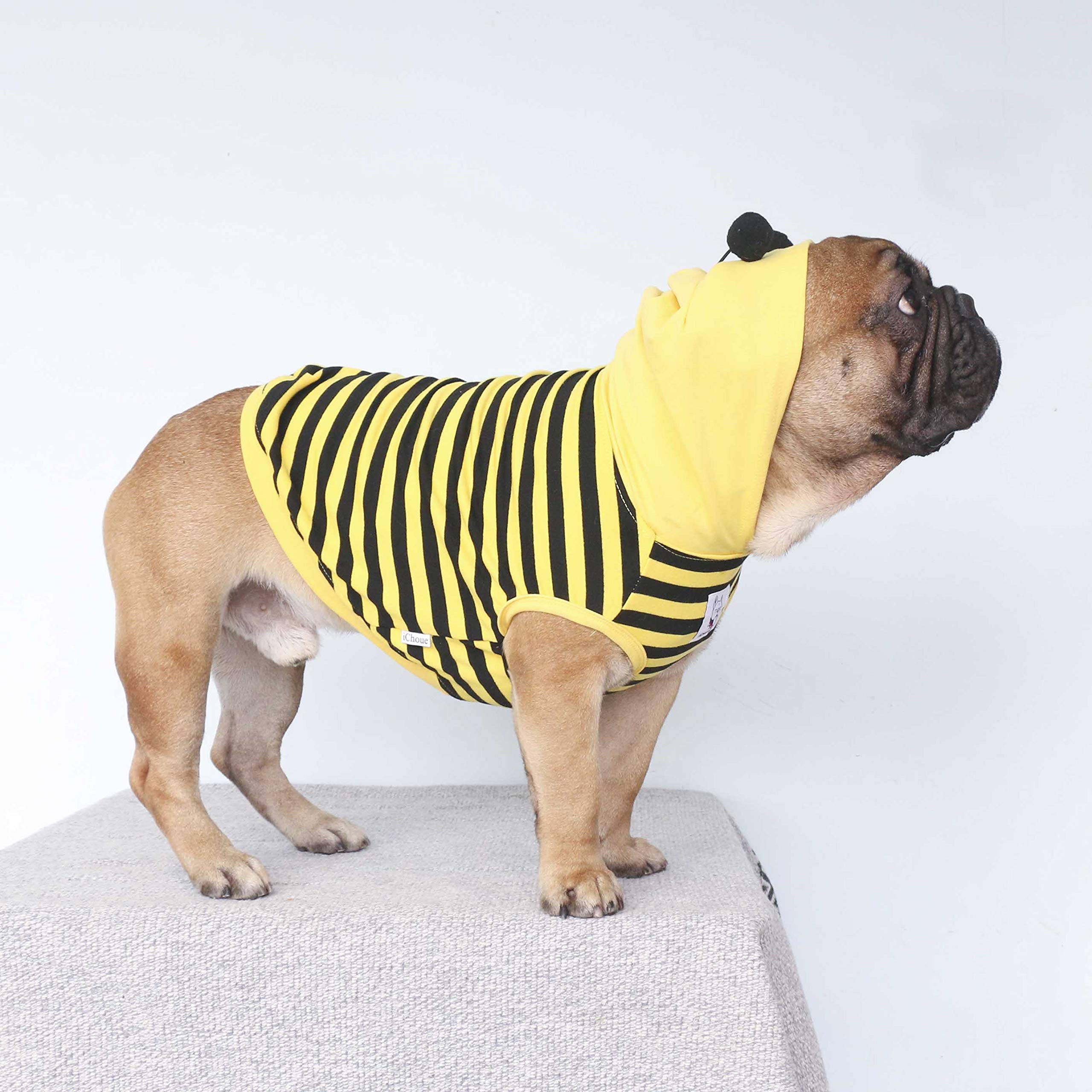 iChoue Bee Honeybee Bumblebee French Bulldog Costumes Hoodies Sleeveless Clothes Outfits Funny Cosplay Shirts for Medium Dogs Frenchie Pug English Boston Puppy - Black and Yellow, Small