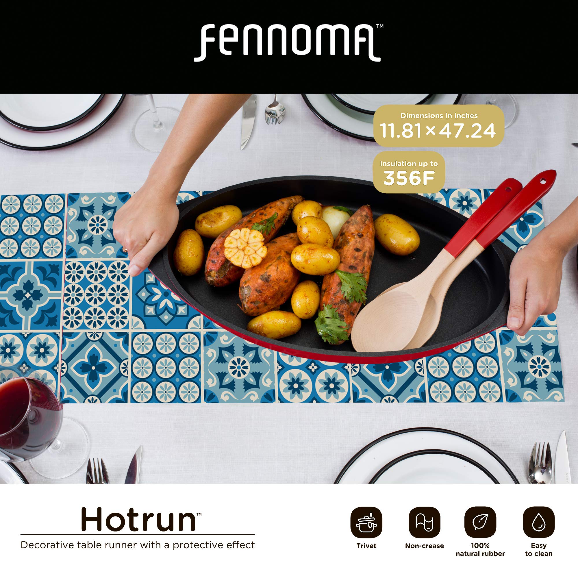 Fennoma Hotrun 2 in 1 Heat Resistant Trivet & Table Runner, 47 Inches Long Trivet for Hot Pots and Pans, Handles Heat Up to 356F, Anti Slip, Waterproof, Ideal for Kitchen Countertopst (Floral Blue)