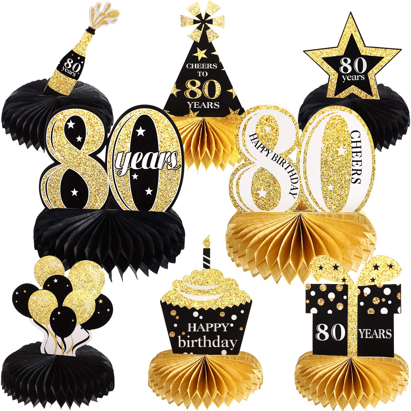 8 Pieces 80th Birthday Table Decorations for Men and Women, Happy 80th Honeycomb Centerpieces Black Golden 1943 Aged Birthday Party Decorations Tables Toppers for 80 Years Party Supplies