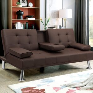 YESHOMY Futon Sofa Bed, Modern Faux Leather Convertible Folding Lounge Couch for Living Room with 2 Cup Holders Removable Soft Armrest and Sturdy Metal Legs, Brown