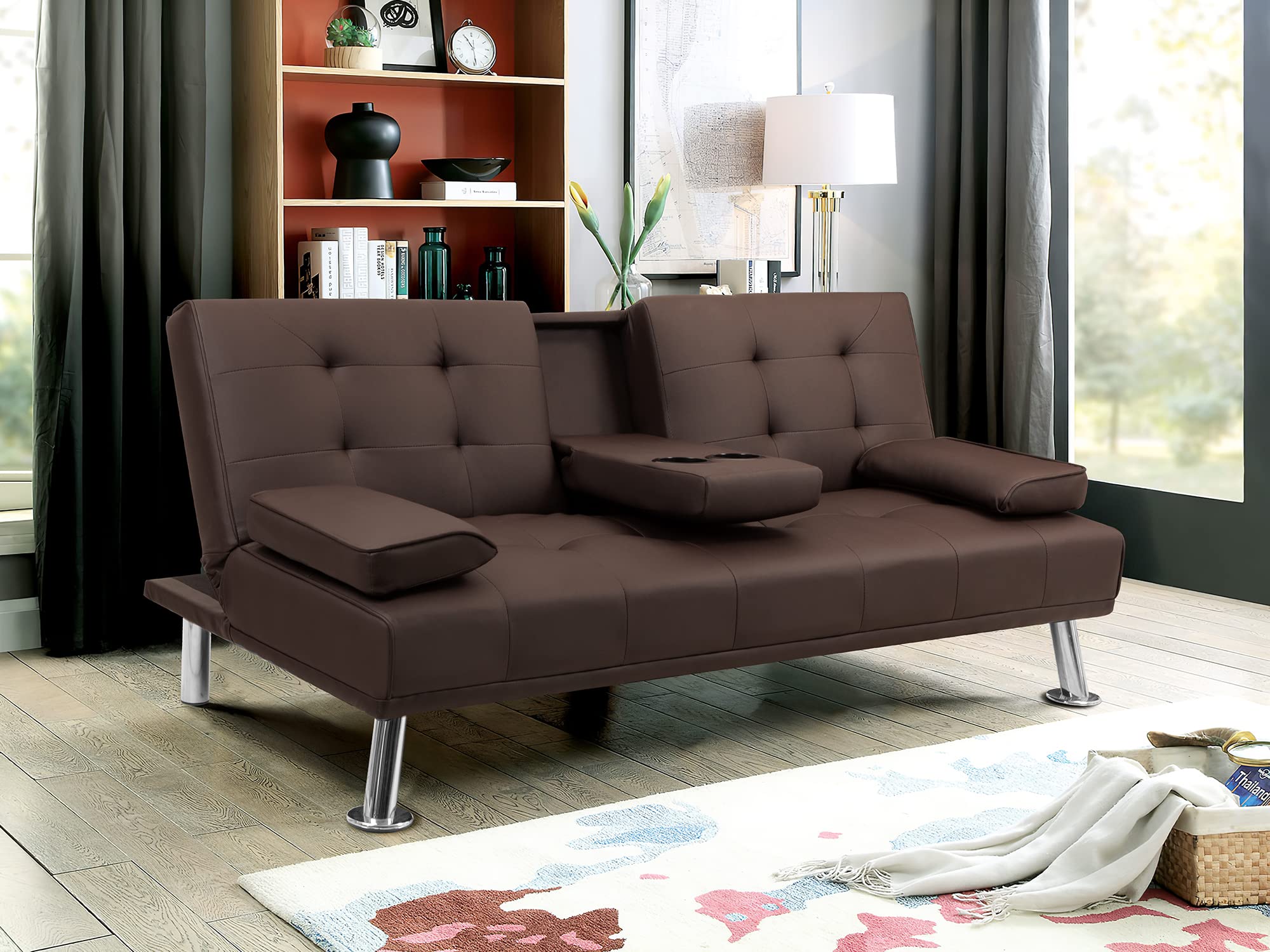 YESHOMY Futon Sofa Bed, Modern Faux Leather Convertible Folding Lounge Couch for Living Room with 2 Cup Holders Removable Soft Armrest and Sturdy Metal Legs, Brown