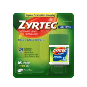 zyrtec 24 hour allergy relief tablets, indoor & outdoor allergy medicine with 10 mg cetirizine hcl per antihistamine tablet, relief of allergies, 60 ct