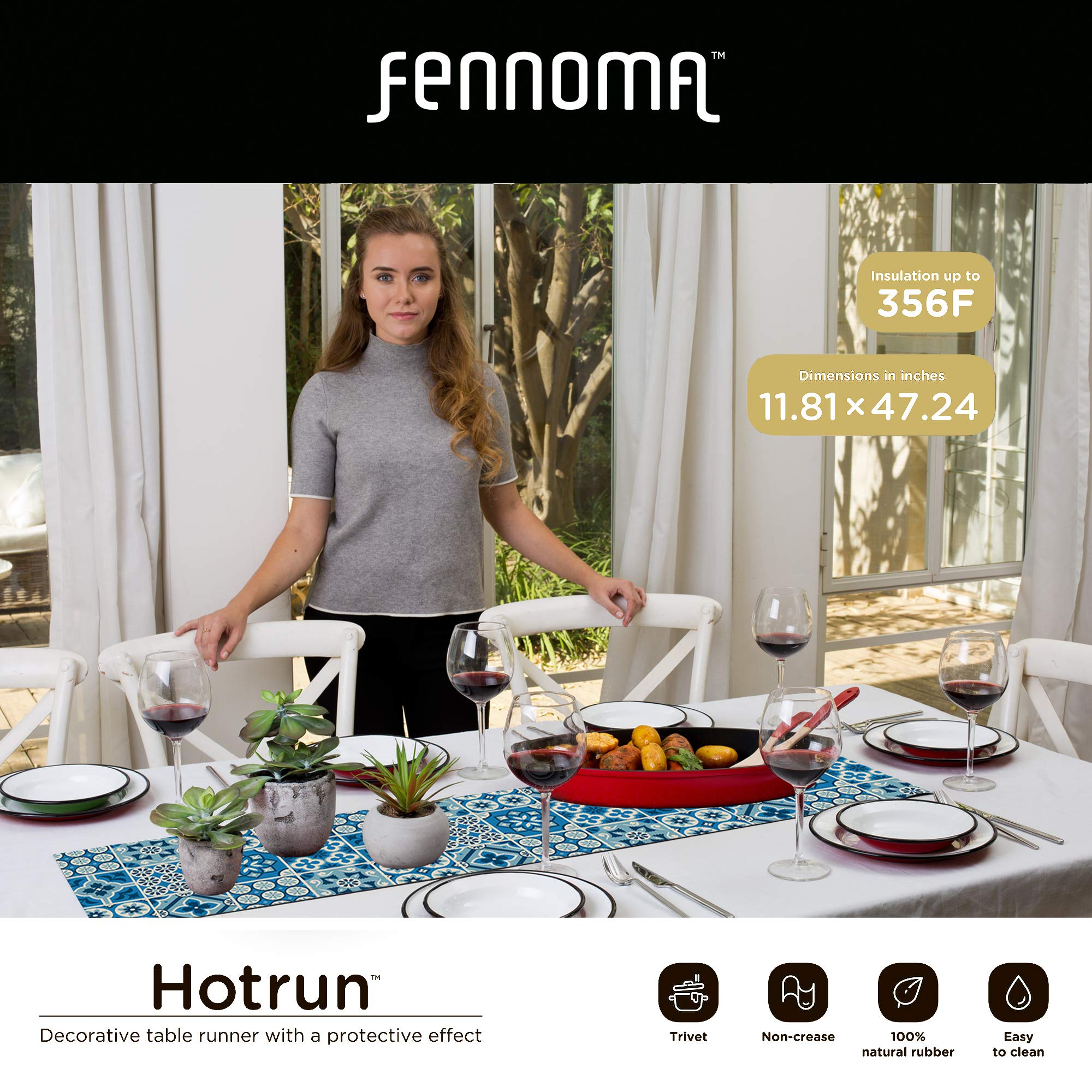 Fennoma Hotrun 2 in 1 Heat Resistant Trivet & Table Runner, 47 Inches Long Trivet for Hot Pots and Pans, Handles Heat Up to 356F, Anti Slip, Waterproof, Ideal for Kitchen Countertopst (Floral Blue)