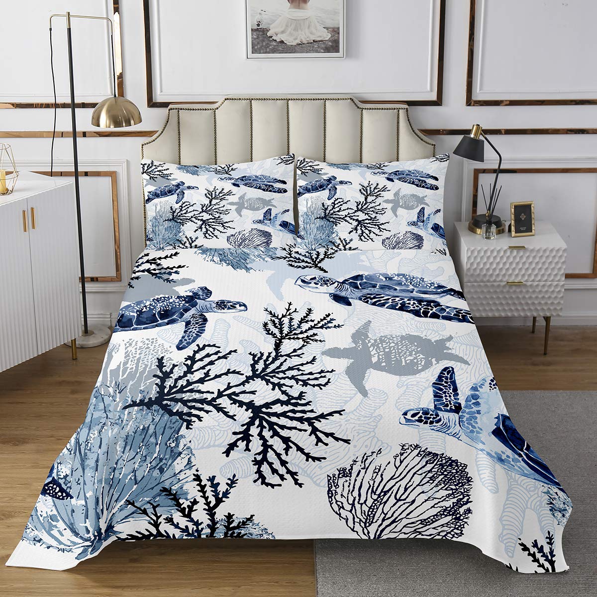 Erosebridal Turtle Bedding Set Twin White Blue Sea Hawaiian Turtle Coverlet Set for Kids,Tortoise Bedspreads Ocean Beach Theme Quilt Underwater Turtle Print Children Bed Set for Summer Winter