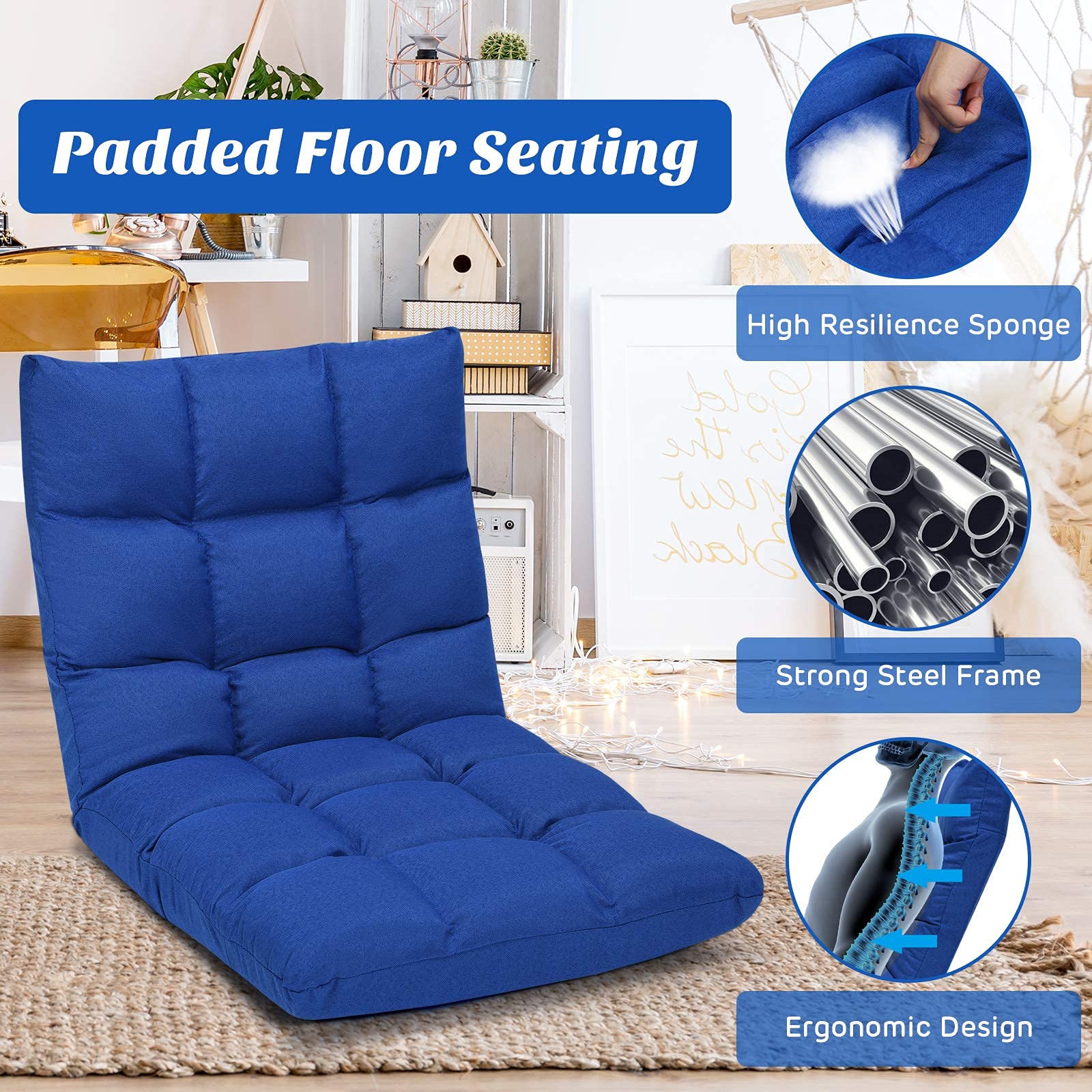 Giantex Adjustable Floor Gaming Sofa Chair 14-Position Cushioned Folding Lazy Recliner High Resilience Sponge, Breathable Cotton & Linen Fabric Sleeper Bed Couch Recliner with Removable Cover (Navy)