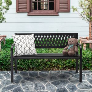 VINGLI Outdoor Bench Porch Bench Patio Metal Garden Bench w/PVC Back, Steel Black Outdoor Bench Park Bench for Yard Lawn Decor Deck Entryway