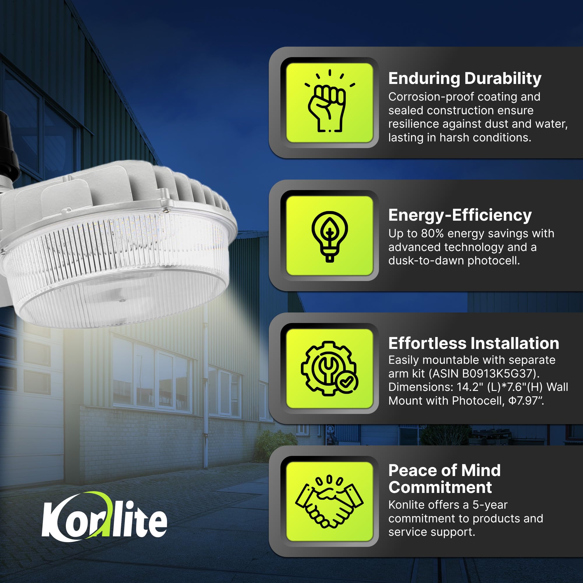 Konlite - 90W Dusk to Dawn LED Outdoor Light, Outdoor Commercial Roadway, Barn, Yard Lights & More, High-Output, Energy-Efficient Dusk Till Dawn LED Outdoor Lights, 11500LM, 5000K Daylight, UL