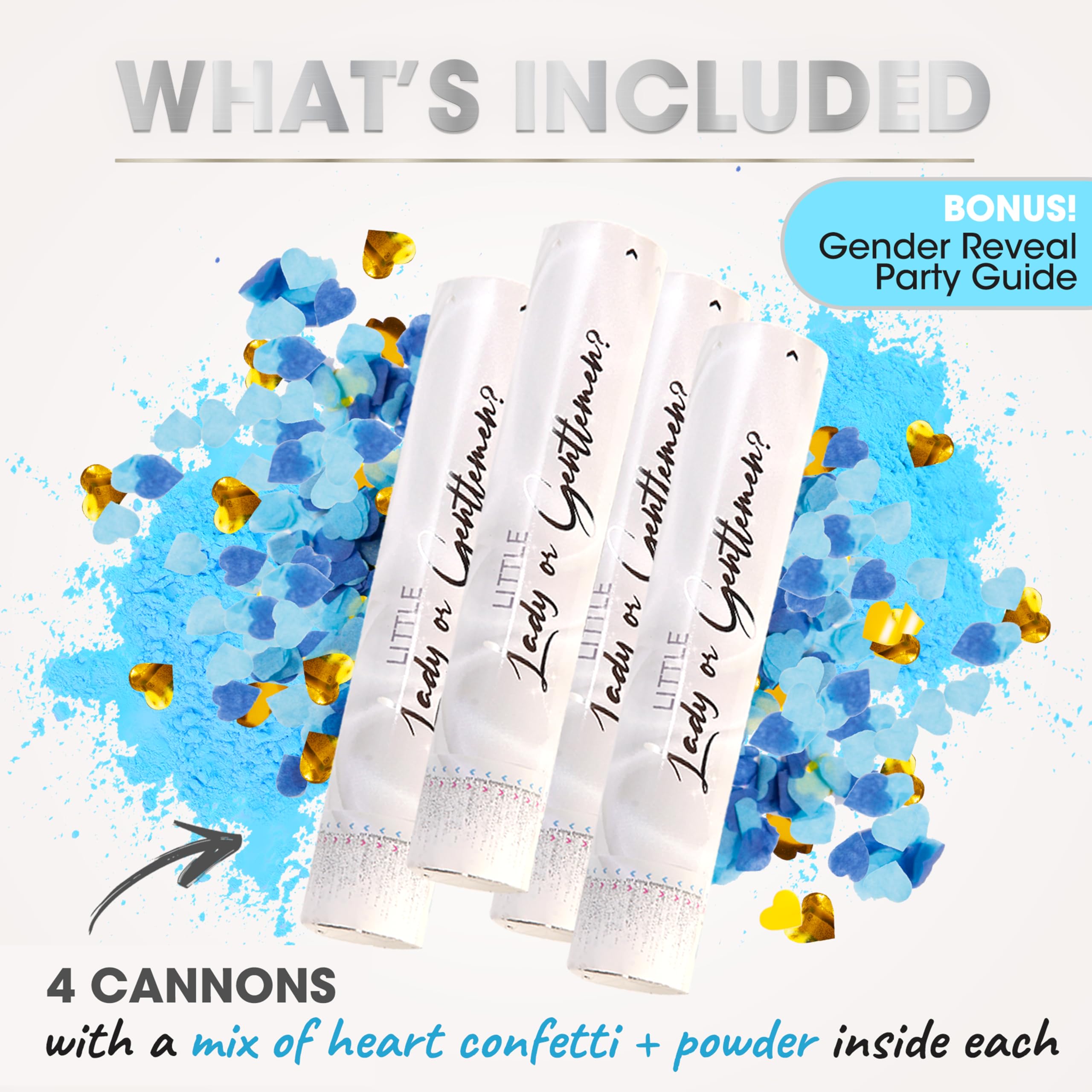 Gender Reveal Confetti Cannon - 4 Pack - Biodegradable Blue Gender Reveal Smoke Bombs and Heart Shaped Gender Reveal Cannons | Boy Gender Reveal Powder Cannon | Blue Gender Reveal Powder Poppers