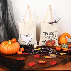 Frienda 4 Pieces Halloween Trick or Treat Bags 10.63'' Reusable Canvas Bags Cartoon Halloween Tote Bag with Pumpkin and Ghost Design for Halloween Party Supplies, Grocery Shopping