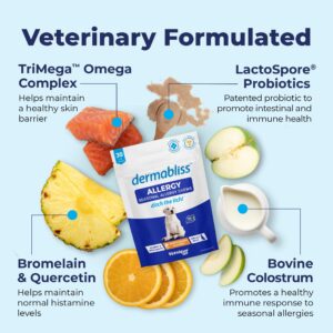 Vetnique Dermabliss Dog Allergy Relief & Immune Support Supplement Allergy Chews for Dogs Itching and Licking with Omega 3 Fish Oil & Probiotics for Itch Relief - Vet Recommended (120ct Chews)