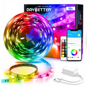 daybetter led strip lights smart with app control remote, 5050 rgb for bedroom, music sync color changing for room party 50ft