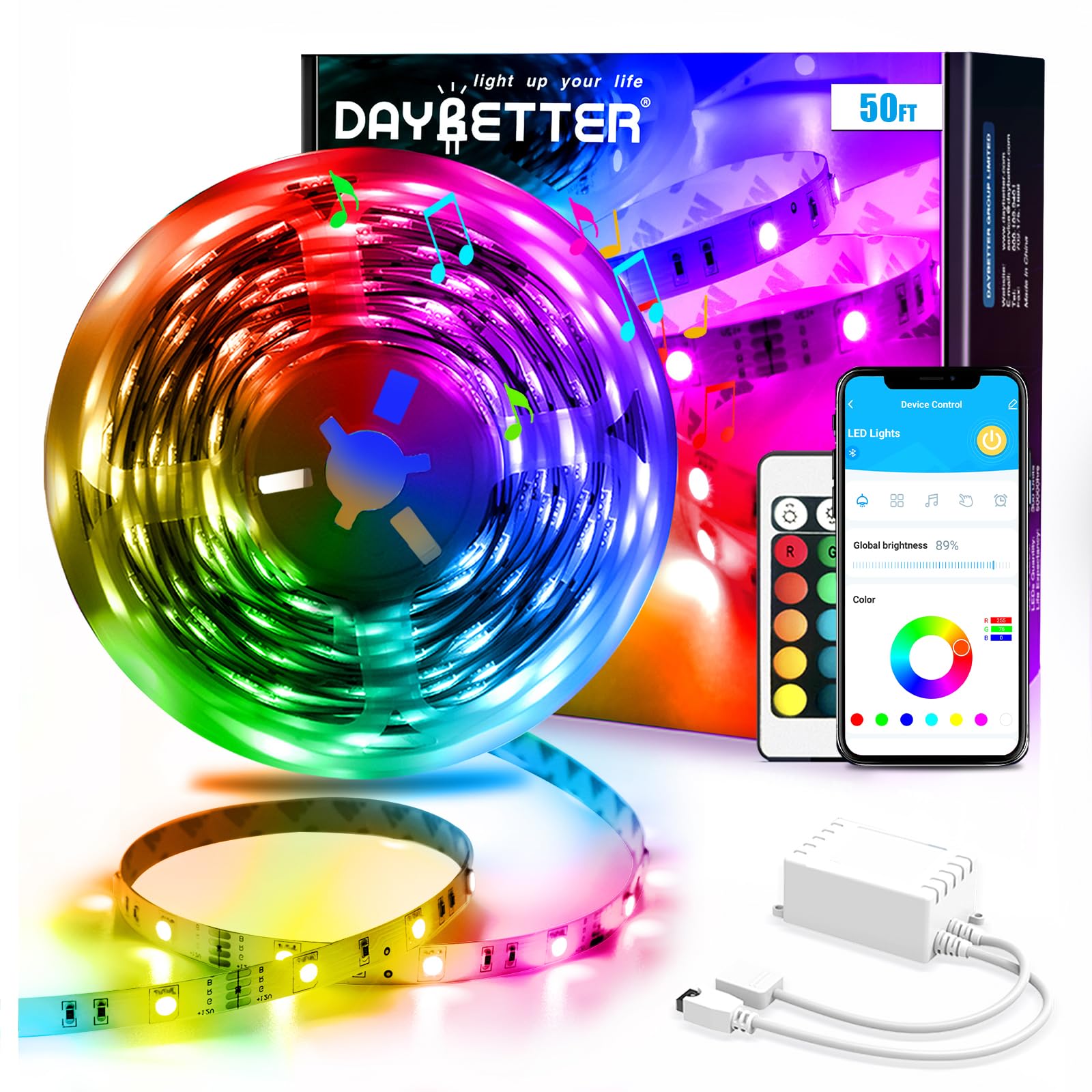 DAYBETTER Led Strip Lights Smart with App Control Remote, 5050 RGB for Bedroom, Music Sync Color Changing for Room Party 50ft