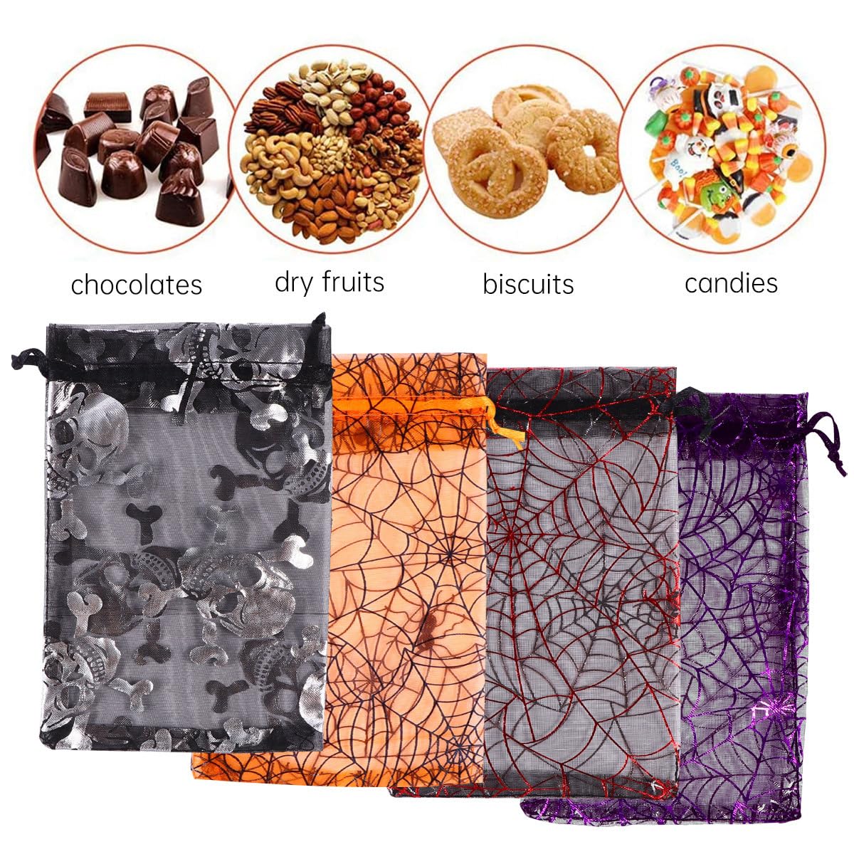 Yardwe 50pcs Halloween Organza Bags, Drawstring Jewelry Bags Present Goody Bags Spider Web Mesh Candy Bags for Party Favors