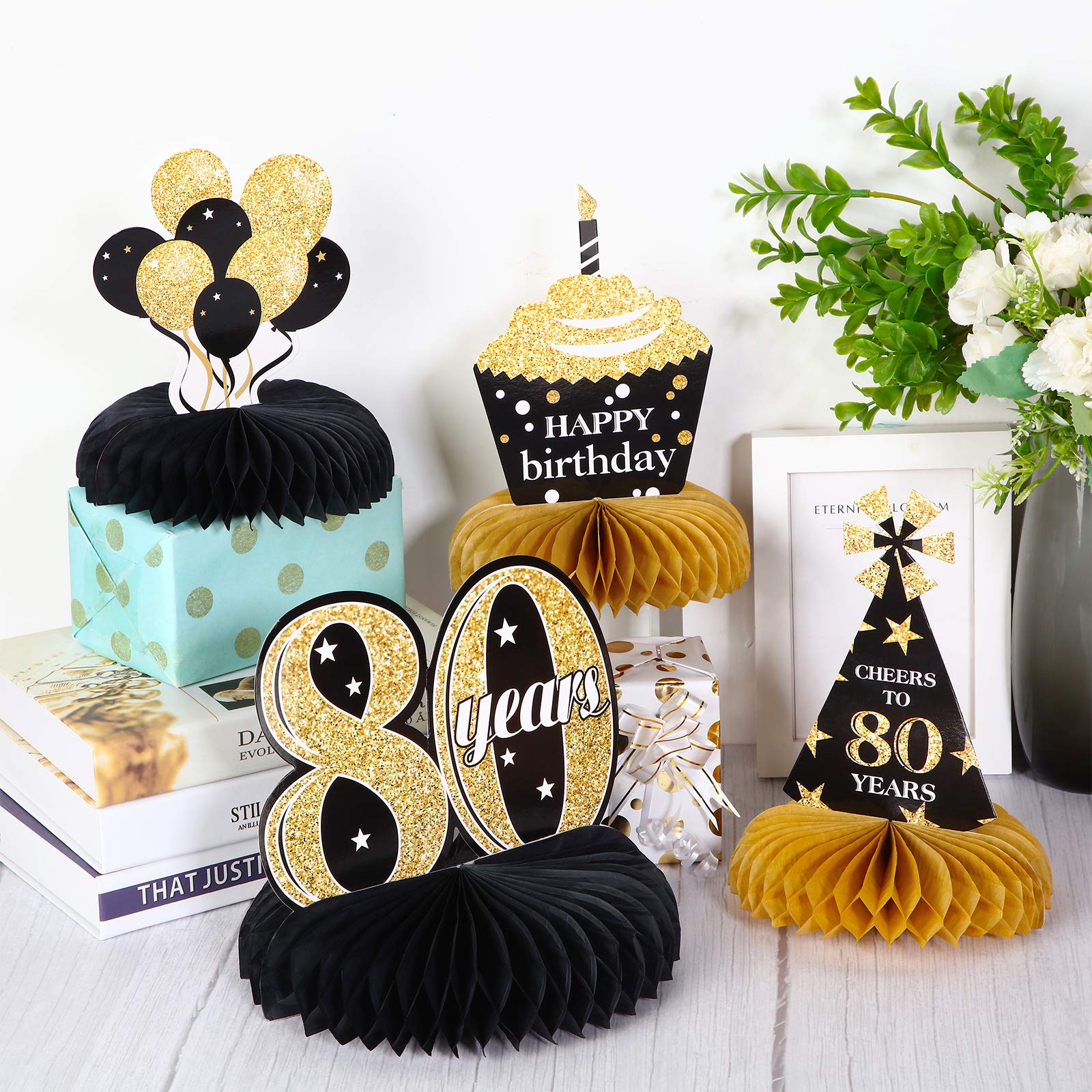 8 Pieces 80th Birthday Table Decorations for Men and Women, Happy 80th Honeycomb Centerpieces Black Golden 1943 Aged Birthday Party Decorations Tables Toppers for 80 Years Party Supplies