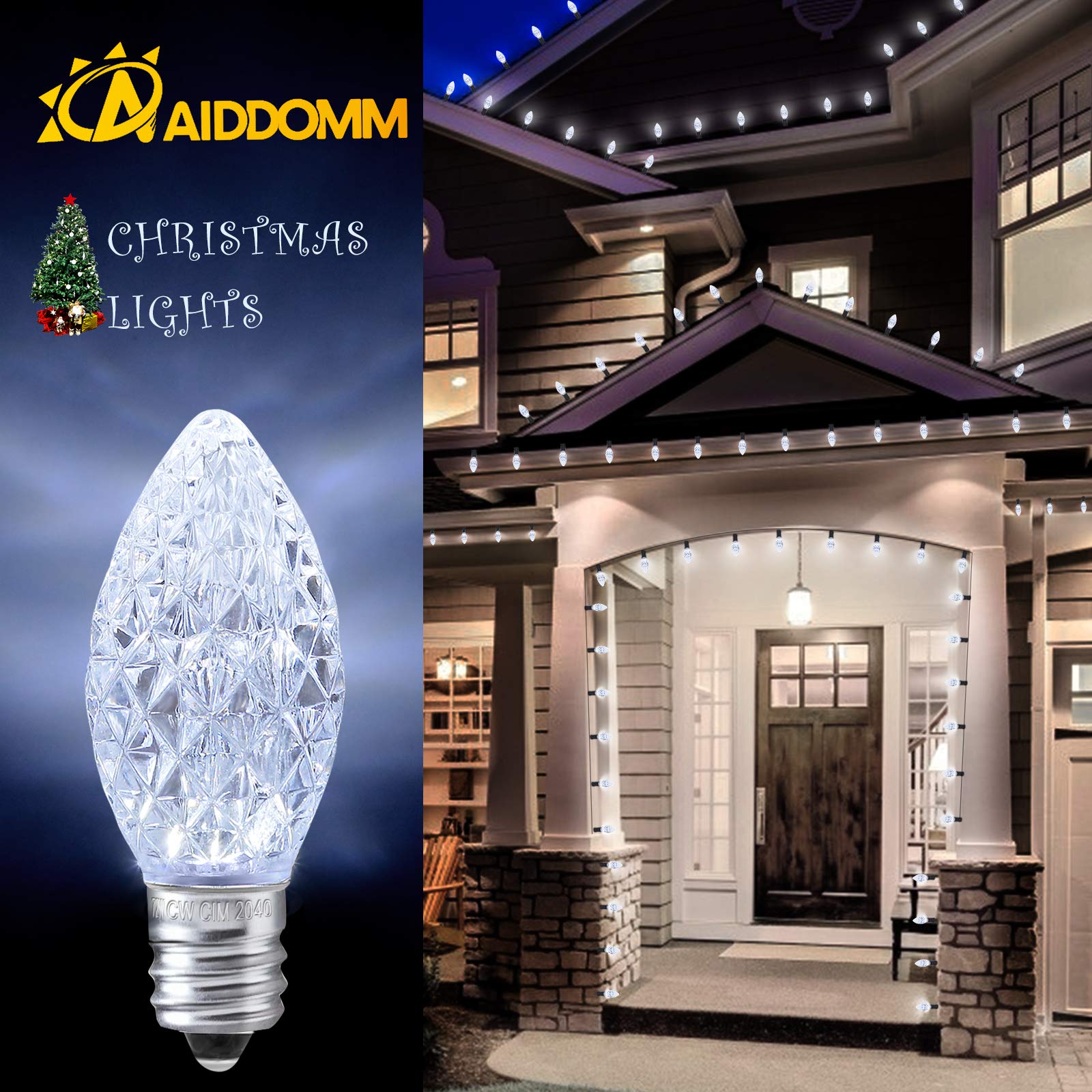 AIDDOMM 25 Pack C7 Cool White LED Replacement Christmas Light Faceted Bulbs, 0.72W, 2 SMD LEDs in Each Light Bulb, E12 Base, Commercial Grade Replacement Bulbs Dimmable Waterproof