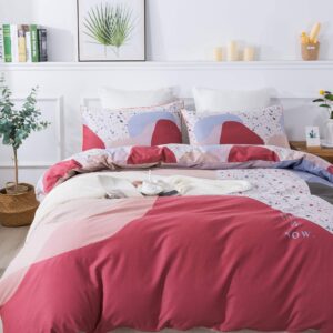 FADFAY Cotton Duvet Cover Set Queen Geometric Bedding Dark Red Marble Comforter Cover Modern Reversible Brushed Cotton 600 TC Bedding with Zipper and Corner Ties