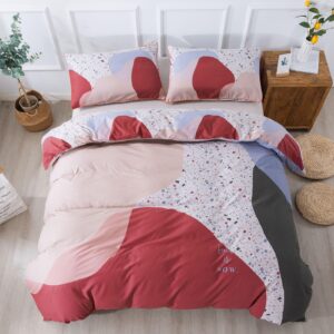 FADFAY Cotton Duvet Cover Set Queen Geometric Bedding Dark Red Marble Comforter Cover Modern Reversible Brushed Cotton 600 TC Bedding with Zipper and Corner Ties