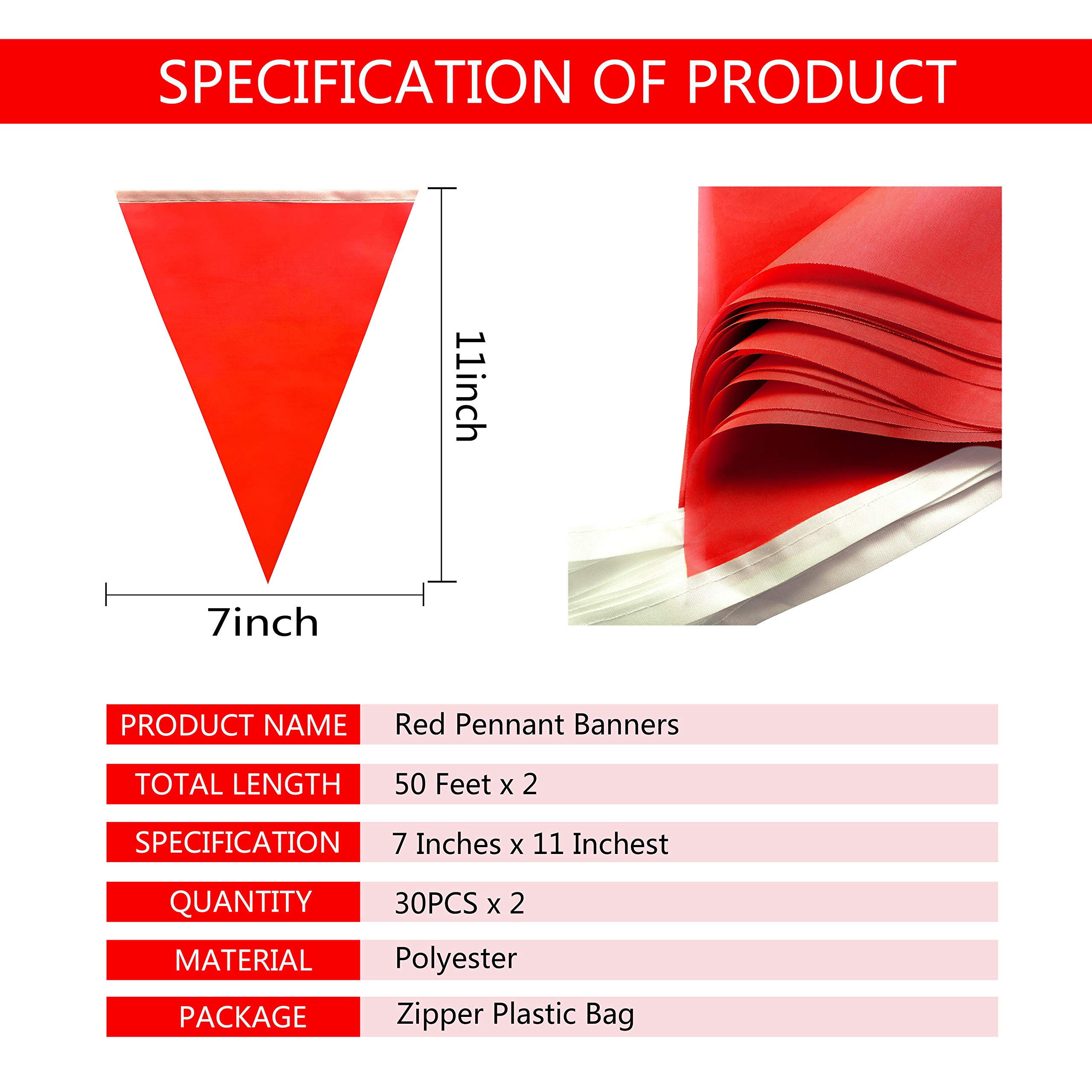 AuTop 100 Feet Solid Red Pennant Banner Flags String Triangle Bunting Flags,Decorations for Grand Opening,Birthday Party,Festival Celebration