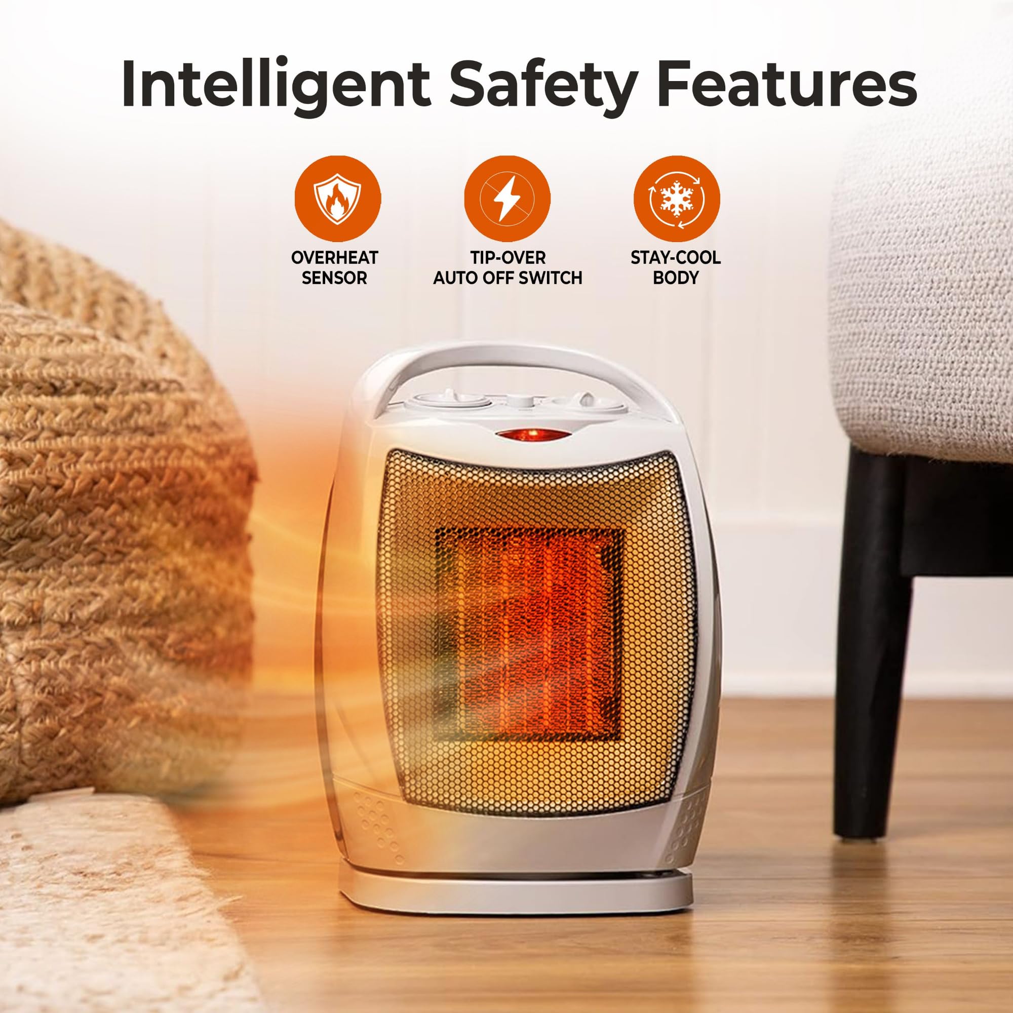 Comfort Zone Oscillating Indoor Space Heater, Portable, Ceramic, Electric, Energy-Efficient, Adjustable Thermostat, Tip-Over Switch, Overheat Protection, Ideal for Home, Bedroom, Office, 1500W, CZ449E