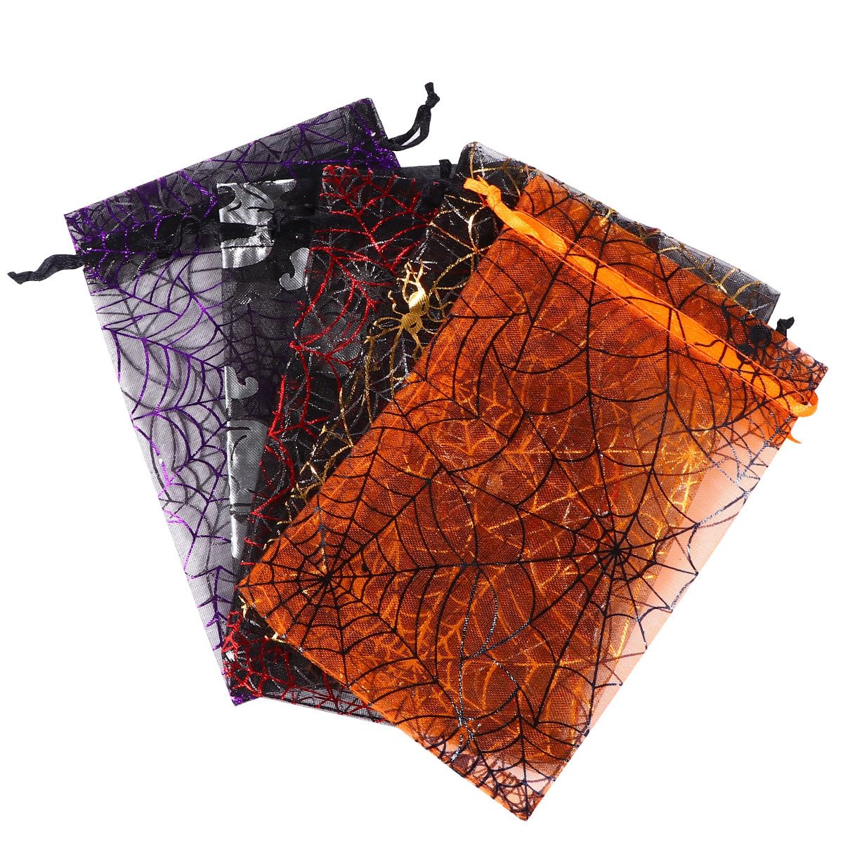 Yardwe 50pcs Halloween Organza Bags, Drawstring Jewelry Bags Present Goody Bags Spider Web Mesh Candy Bags for Party Favors