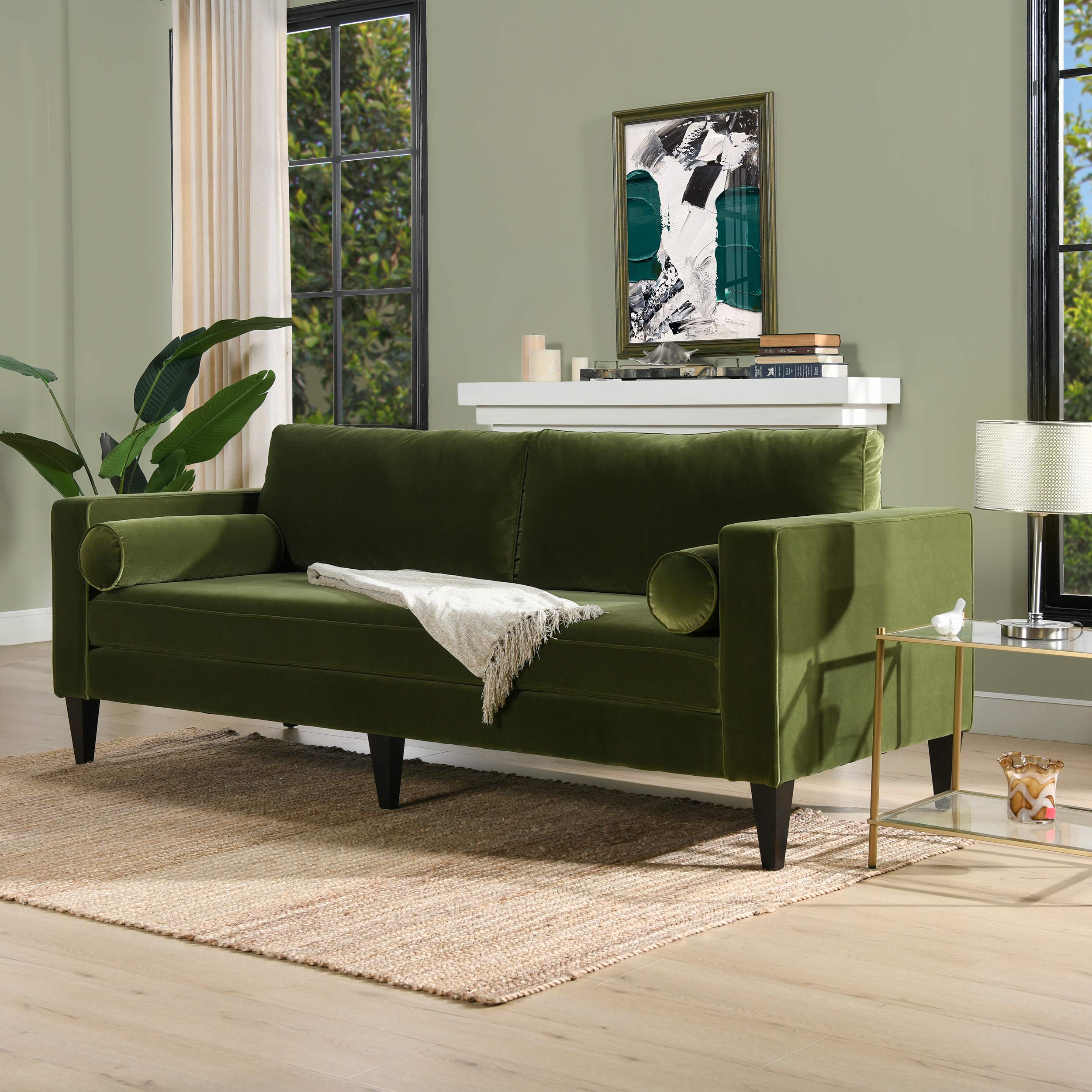 Jennifer Taylor Home Romana 84" Mid-Century Modern Sofa, Olive Green Performance Velvet