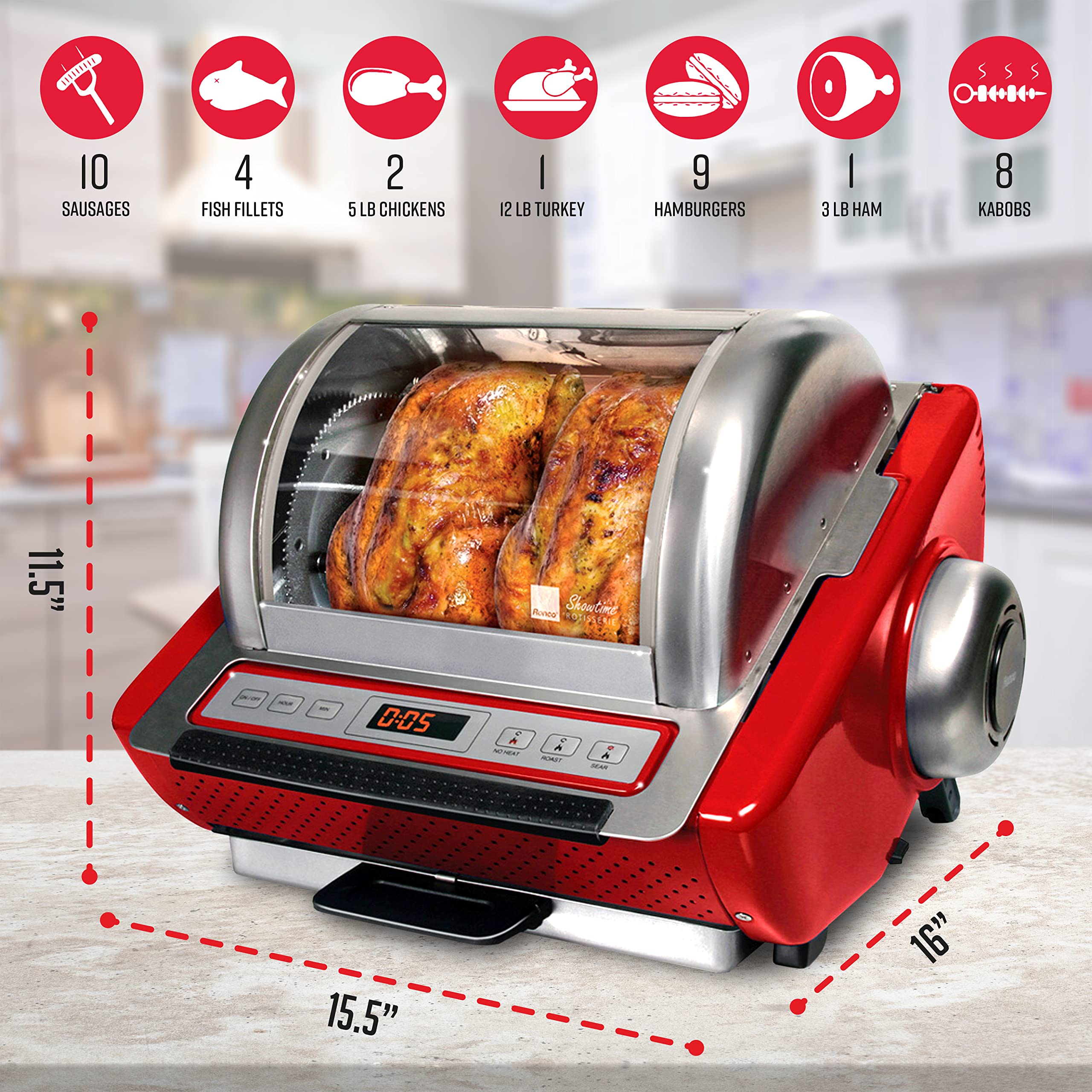 Ronco Showtime EZ-Store Large Capacity Rotisserie & BBQ Oven, Digital Controls, Compact Storage, Perfect Preset Rotation Speed, Self-Basting, Auto Shutoff, Includes Multipurpose Basket, red