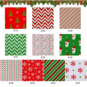 Konsait 100 Pieces Christmas Cotton Fabric Bundles 4" x 4" Precut Sewing Squares Craft Multi-Color Fabric Patchwork Christmas Tree Quarters Santa Claus Fabric Scraps for Christmas DIY Quilting