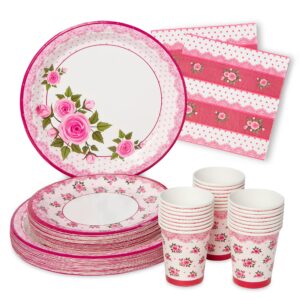 royal bluebonnet paper plates and napkins sets – set of 24 – paper plates and napkins and cups, rose floral tea party decorations, paper plates