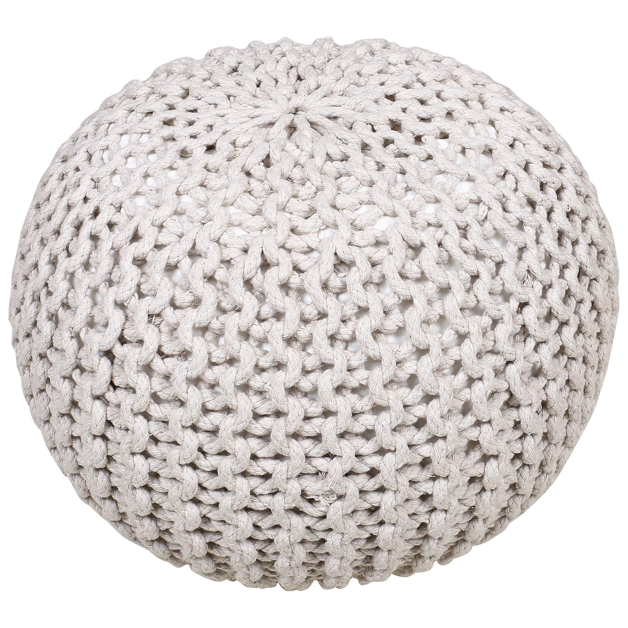 RAJRANG Ottoman Round Pouf Ivory Cotton Braided Cord Woven Foot Stool Hand Stitched Stuffed Pouf Patio Seating 14 x 20 Inch