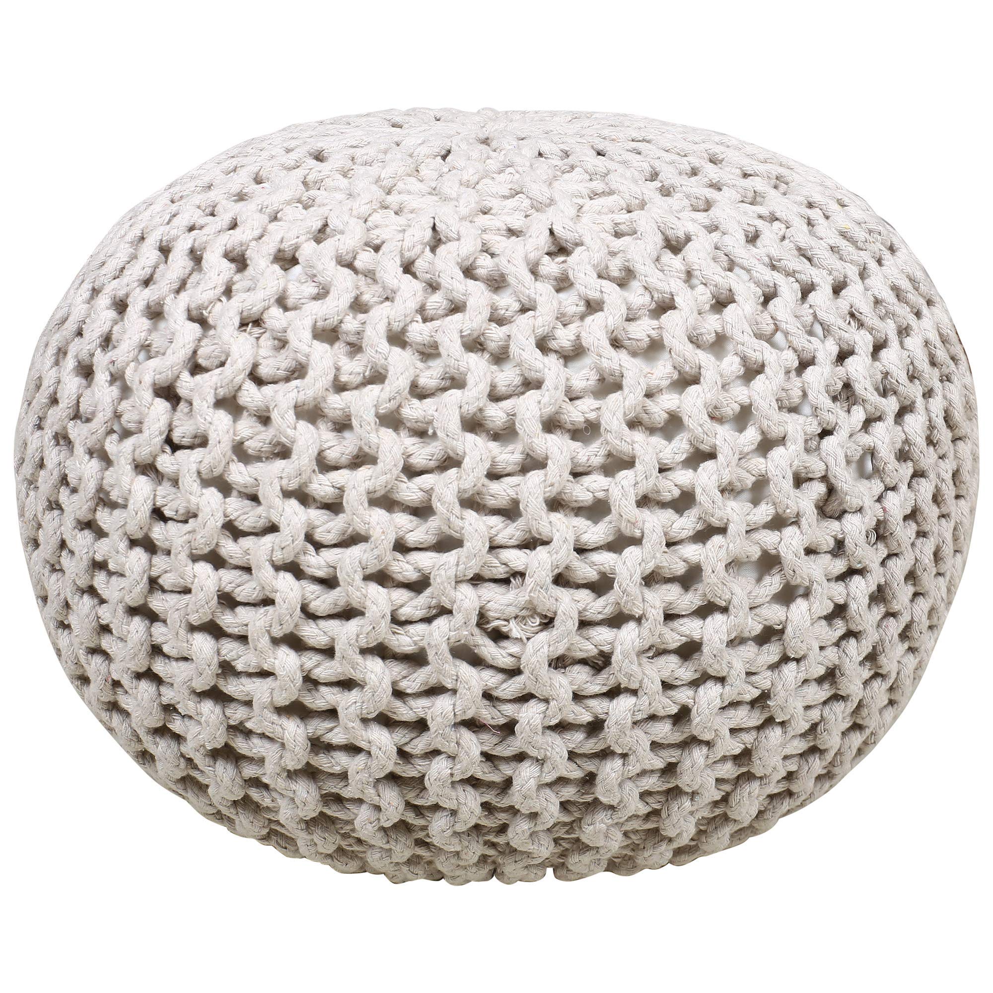 RAJRANG Ottoman Round Pouf Ivory Cotton Braided Cord Woven Foot Stool Hand Stitched Stuffed Pouf Patio Seating 14 x 20 Inch