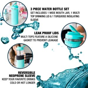 Masontops 3 PC Mason Jar Water Bottle Set - 1 X 16 oz Regular Mouth Jar - 1 Turquoise Insulator Sleeve - 1 Turquoise Drinking Lid